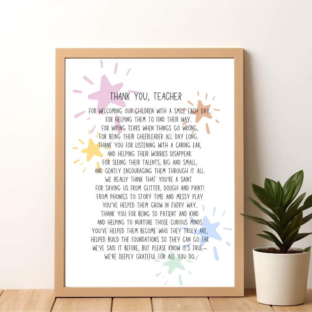 Printable Teacher Thank You Poem | EYFS Nursery Reception TA Gift ...