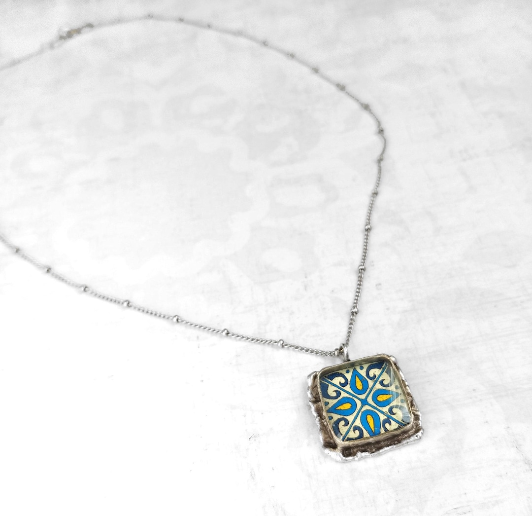Catalina Tile Necklace, Teal Turquoise Floral, Antiqued Silver - Etsy