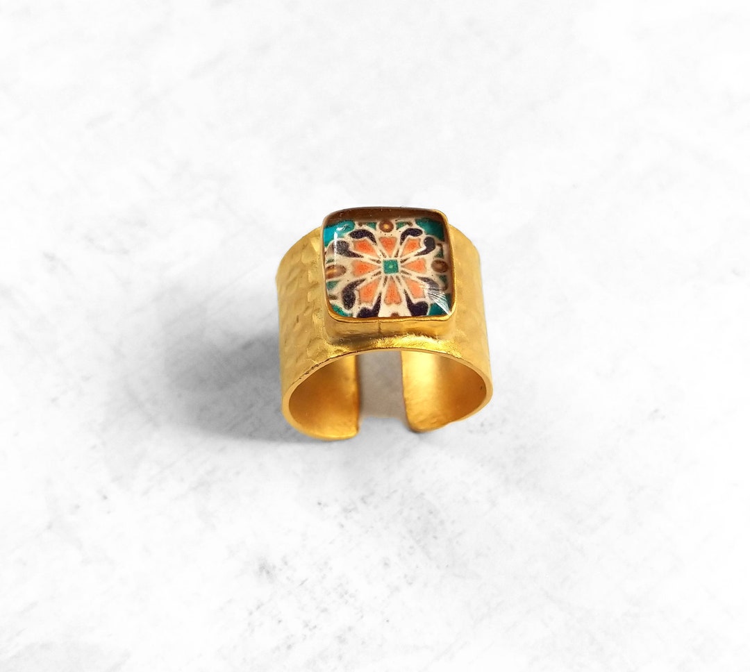 Catalina Tile Ring With Gold Brass Adjustable Band and Talavera Pottery ...