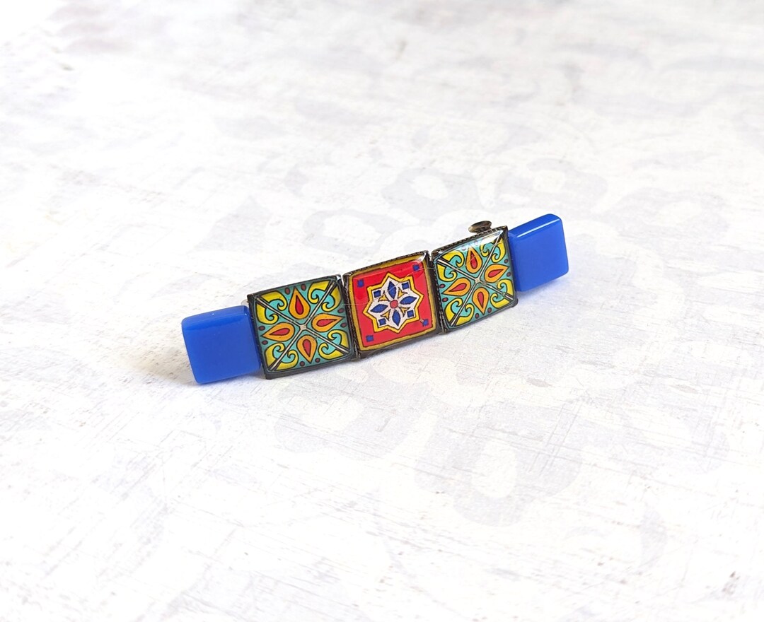 Catalina Pottery Tile Hair Barrette, Hairpin in Orange and Blue ...