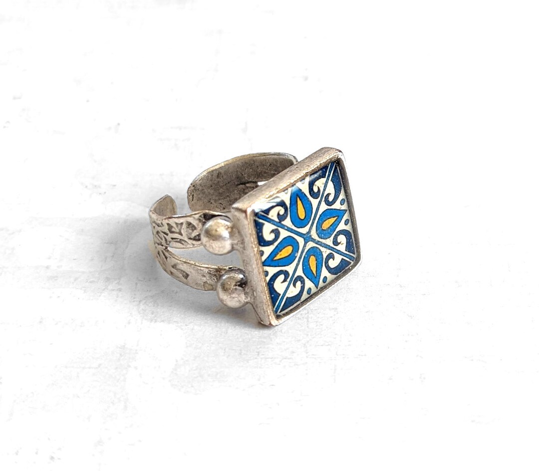 Catalina Tile Adjustable Ring on Silver Plated Brass, Catalina Pottery ...