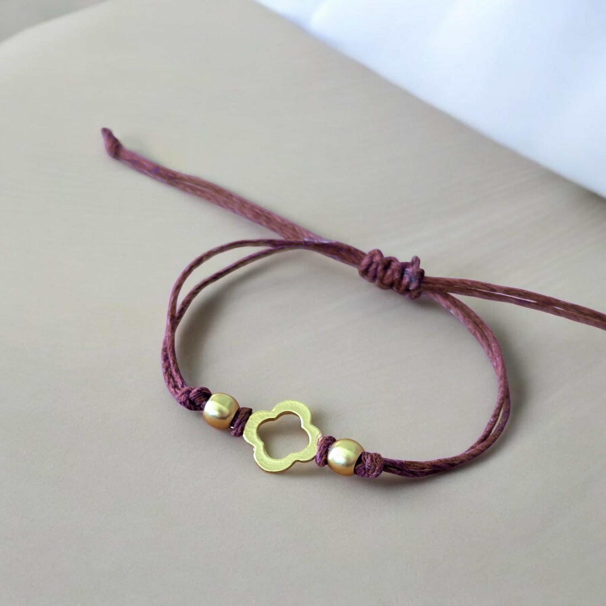 Polished Hemp String Cord Adjustable String Bracelet With Clover Gold ...