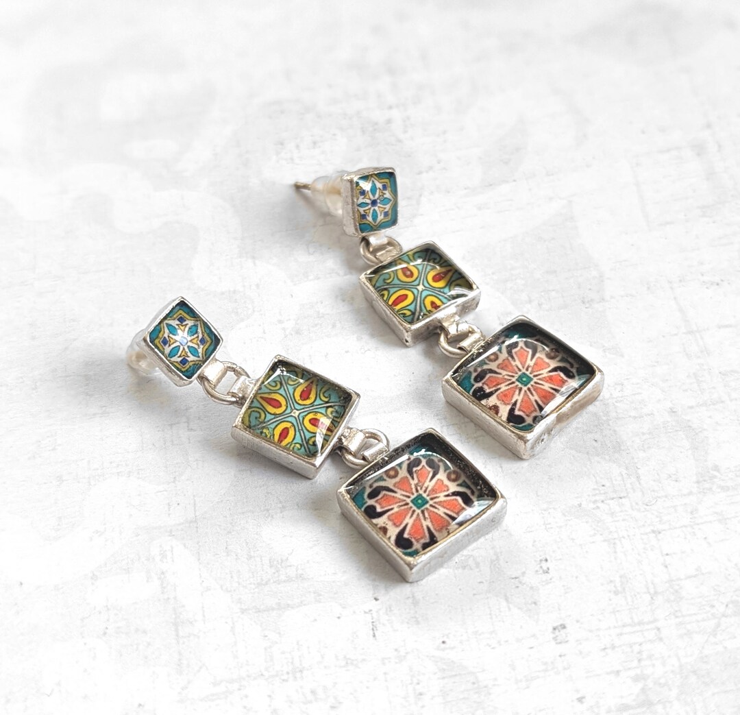 Catalina Tile Dangle Earrings, Sterling Silver Plated, Spanish Design ...
