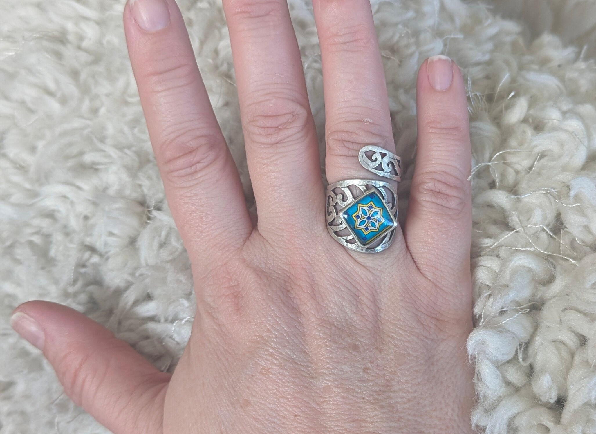 Catalina Tile Large Scroll Adjustable Ring on Silver Plated Brass ...