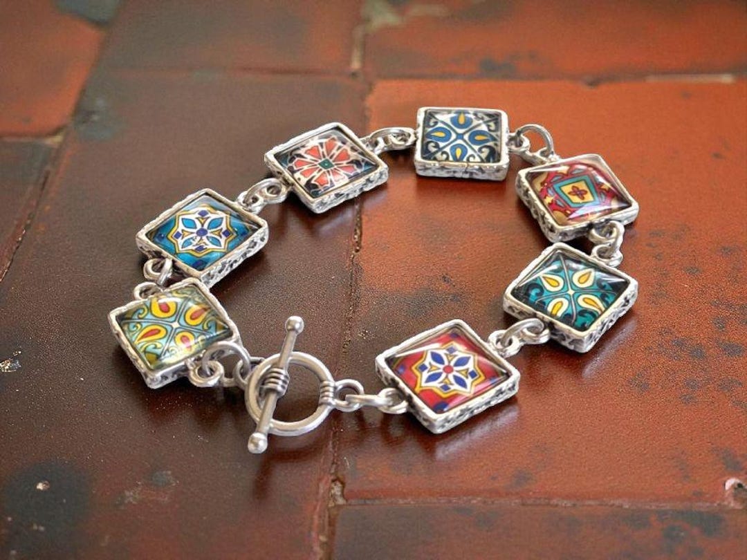 Catalina Island Tile Charm Bracelet, Antique Silver Plated Toggle Clasp ...