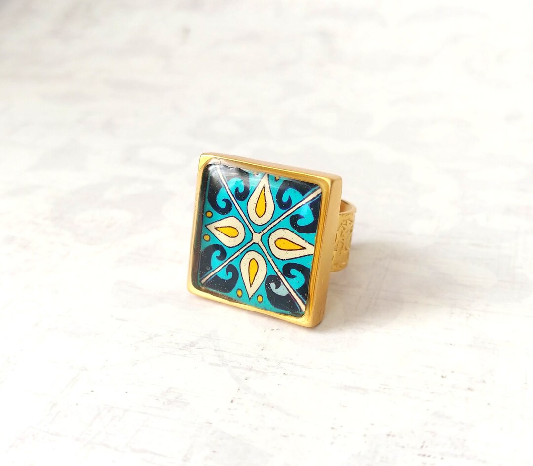 Catalina Tile Adjustable Ring on Matte Gold Plated Brass, Catalina ...