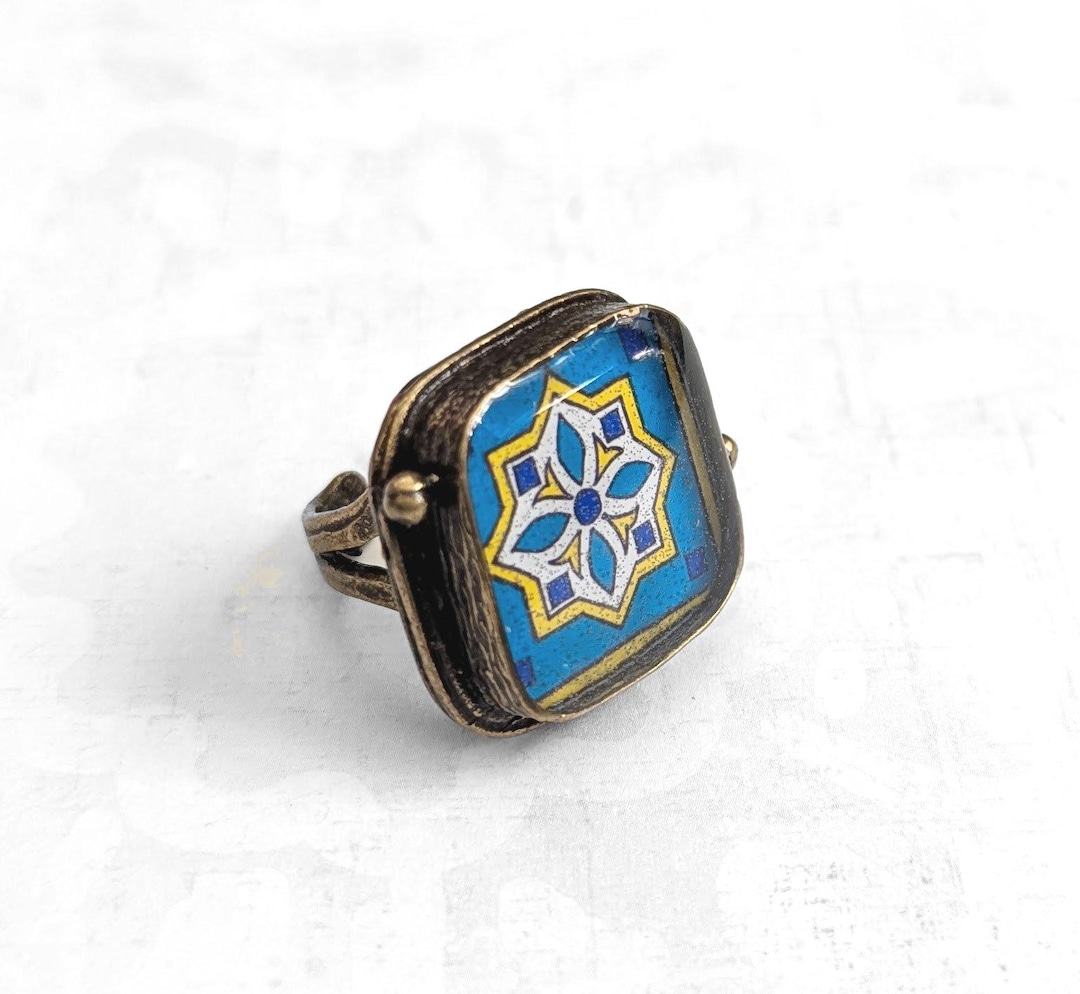 Catalina Pottery Tile Ring – Adjustable Gold Plated Brass, Teal ...