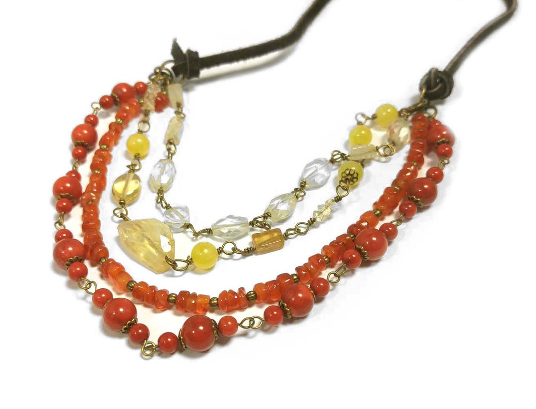 Sunset Gemstone Necklace, Red Coral, Carnelian, Citrine, Brown Suede - Etsy