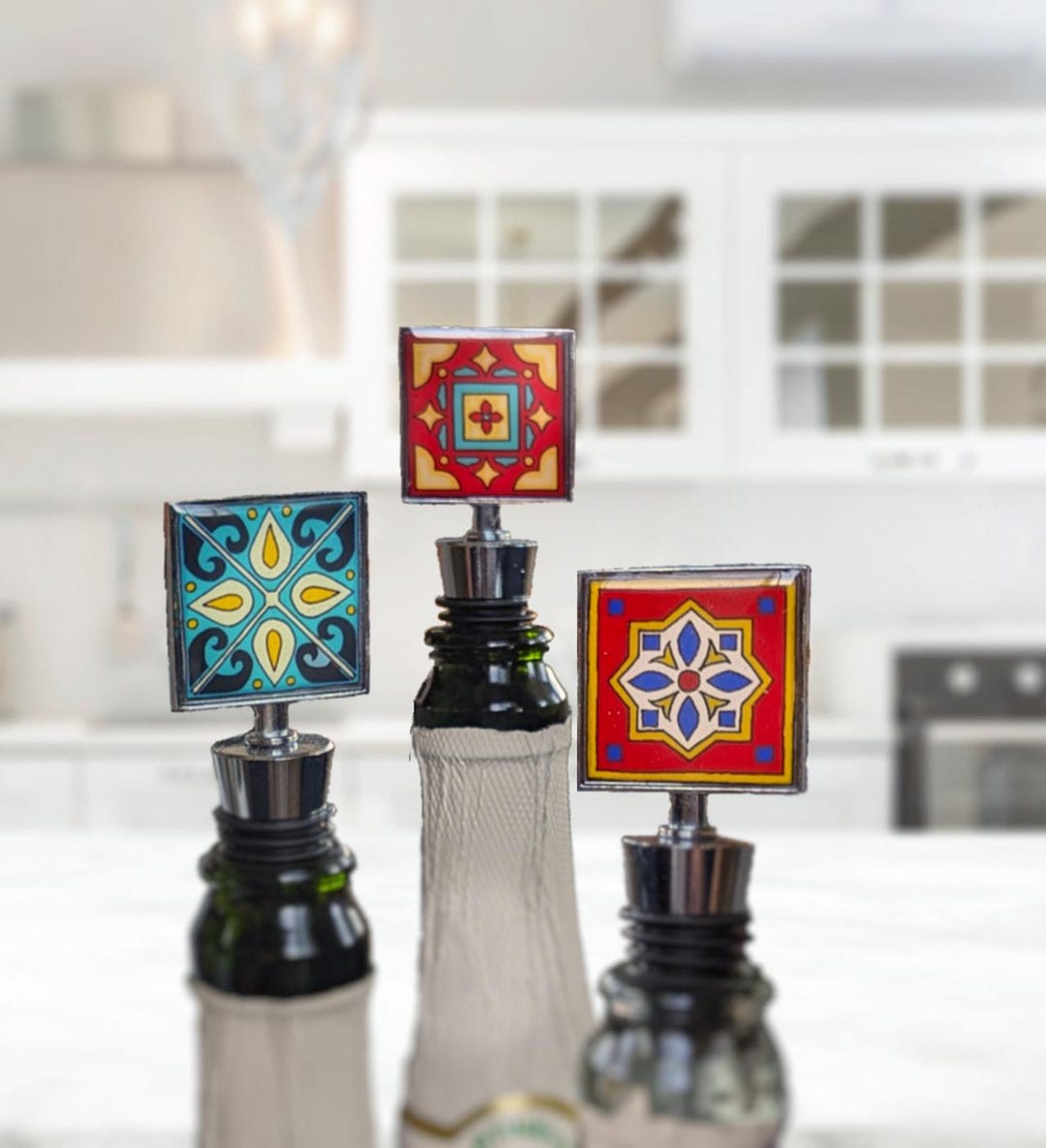 Catalina Spanish Tile Wine Bottle Stoppers Tile Design, Chrome Finish ...