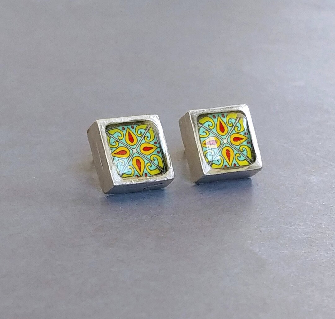 Catalina Pottery Tile Silver Post Earrings, Spanish Style - Etsy