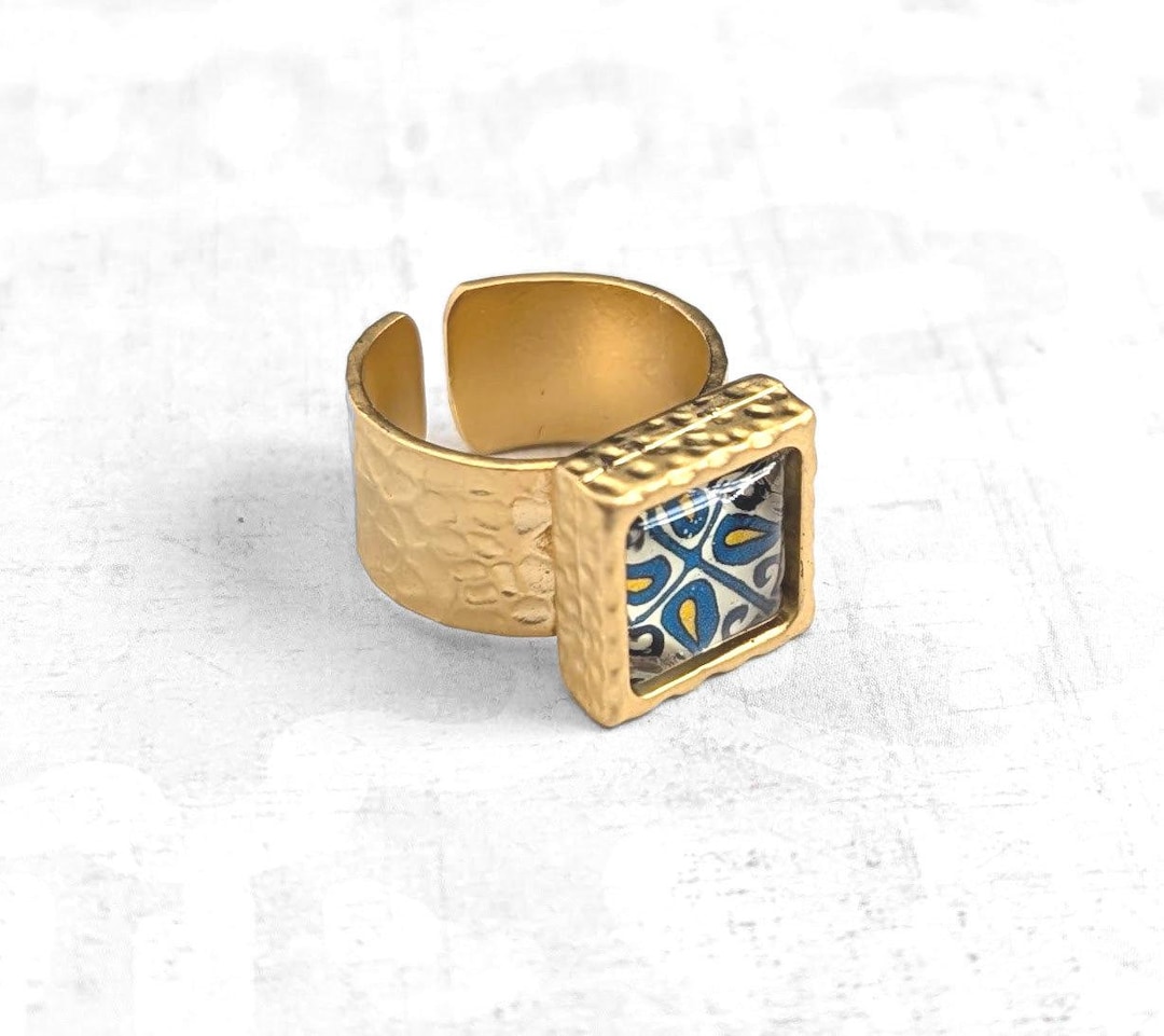 Catalina Tile Ring, Matte Gold Plated Brass, Turquoise Teal Azulejo - Etsy