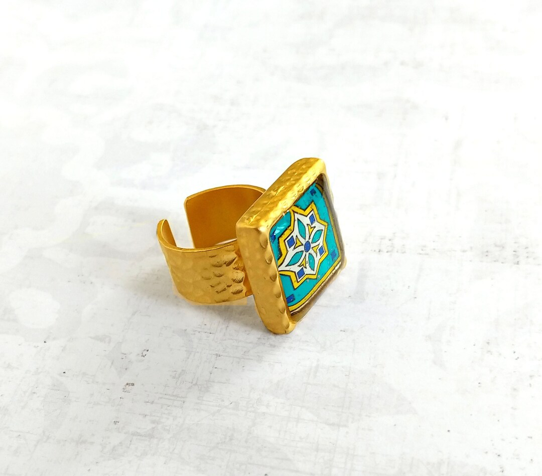Catalina Tile Adjustable Ring on Matte Gold Plated Brass - Etsy