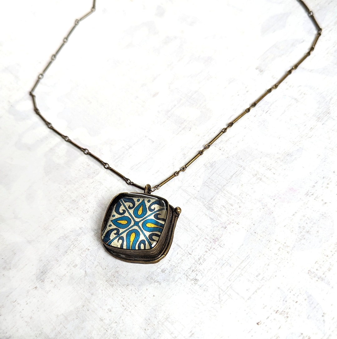 Catalina Tile Necklace, Teal Blue Pottery Pendant, Antiqued Gold Brass ...