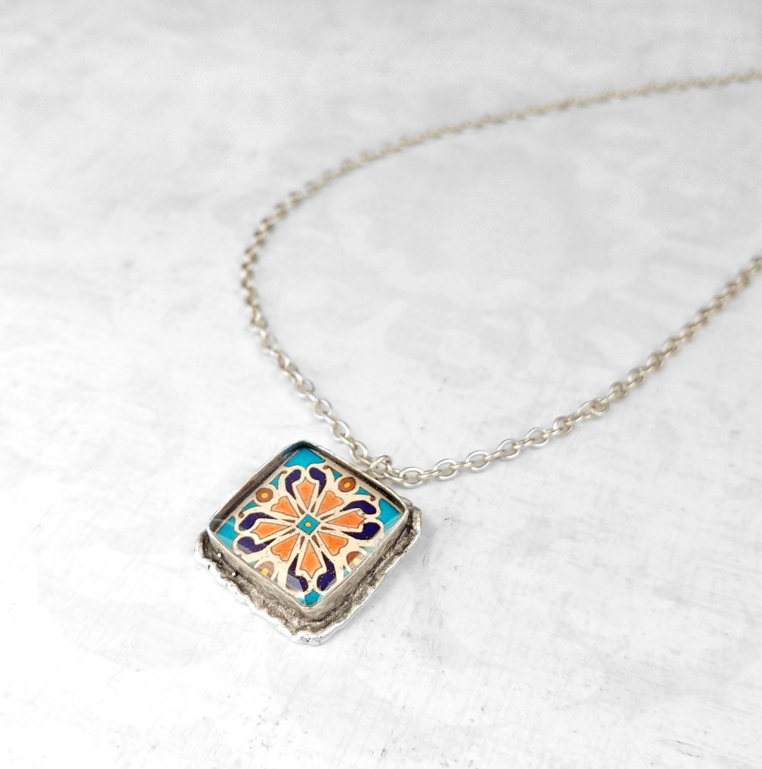 Catalina Tile Necklace in Antiqued Silver Plated Brass, Seven Tile ...
