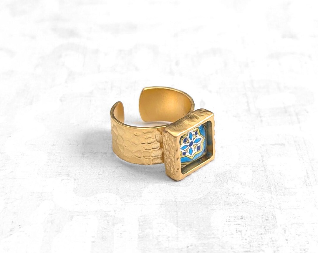 Catalina Tile Adjustable Ring, Gold Plated Brass, Turquoise Blue - Etsy
