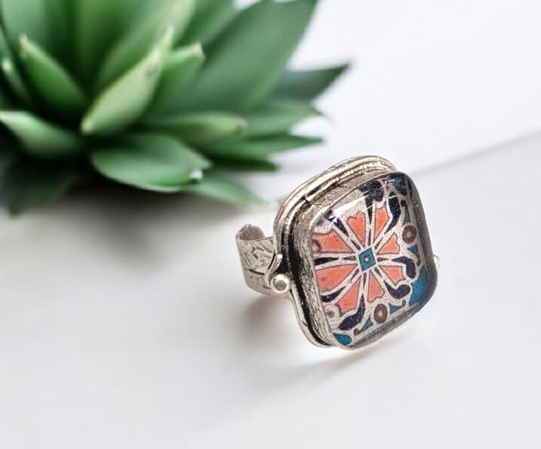 Catalina Tile Adjustable Ring - Silver Plated Brass, Mexican Pottery ...