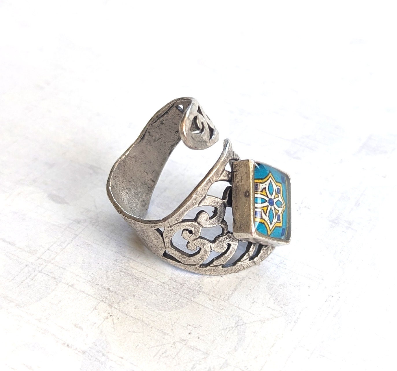 Catalina Tile Large Scroll Adjustable Ring on Silver Plated Brass ...