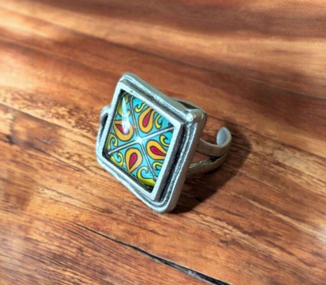 Catalina Tile Adjustable Ring, Silver Plated Brass, Mexican Pottery - Etsy