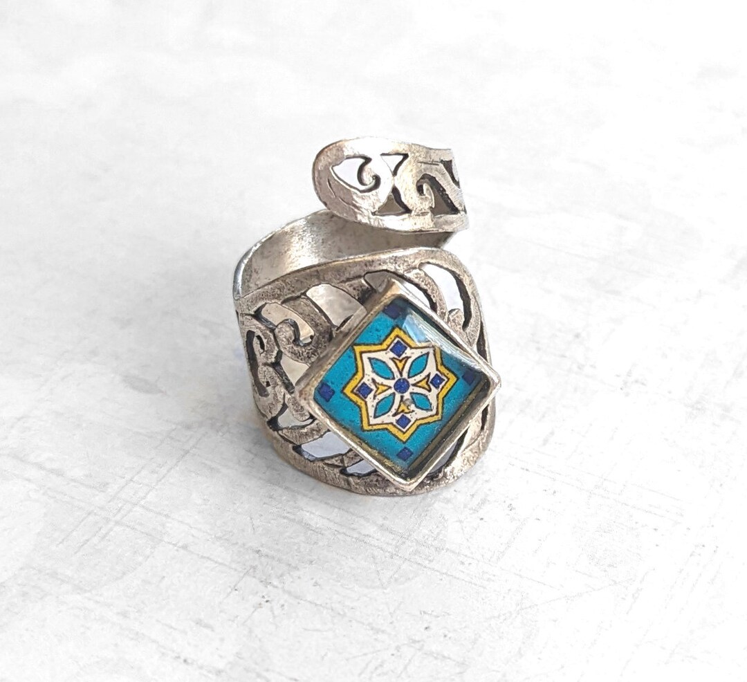 Catalina Tile Ring, Turquoise Teal, Silver Plated Brass, Adjustable ...
