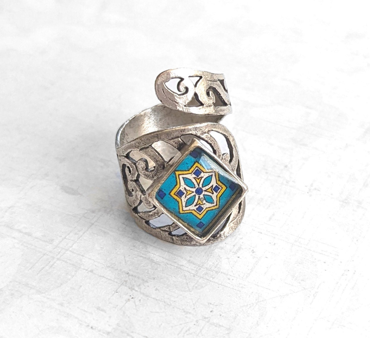 Catalina Tile Large Scroll Adjustable Ring on Silver Plated Brass ...