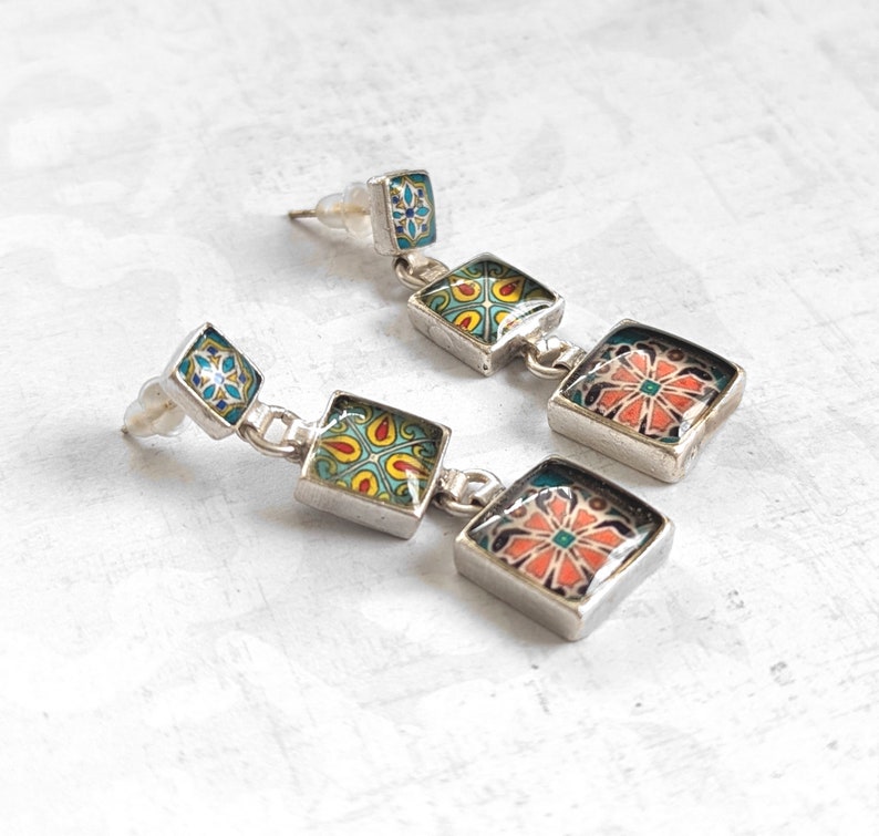 Catalina Tile Dangle Earrings, Sterling Silver Plated, Spanish Design ...