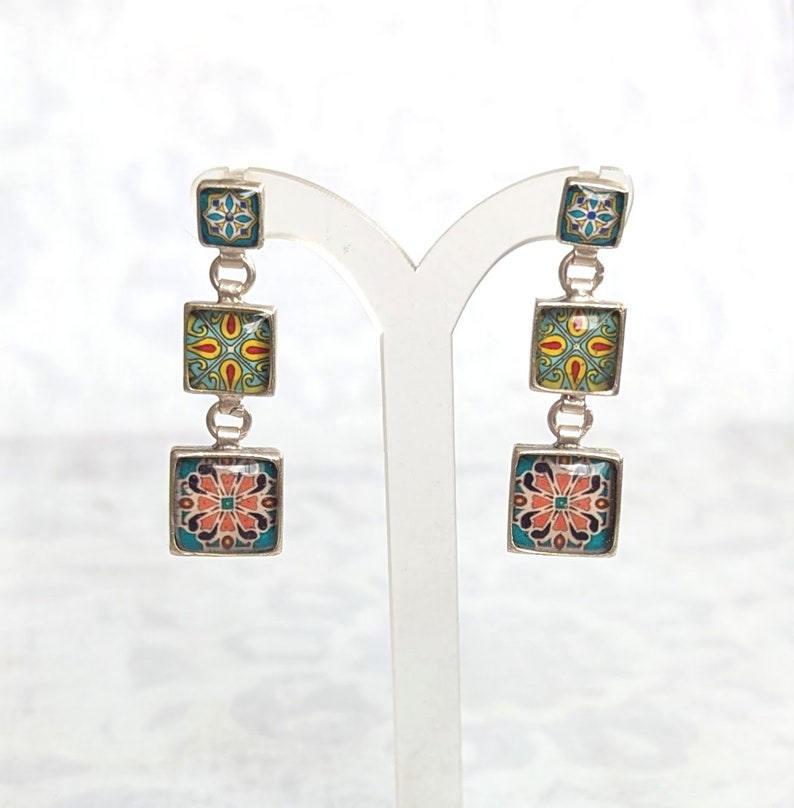 Catalina Tile Dangle Earrings, Sterling Silver Plated, Spanish Design ...
