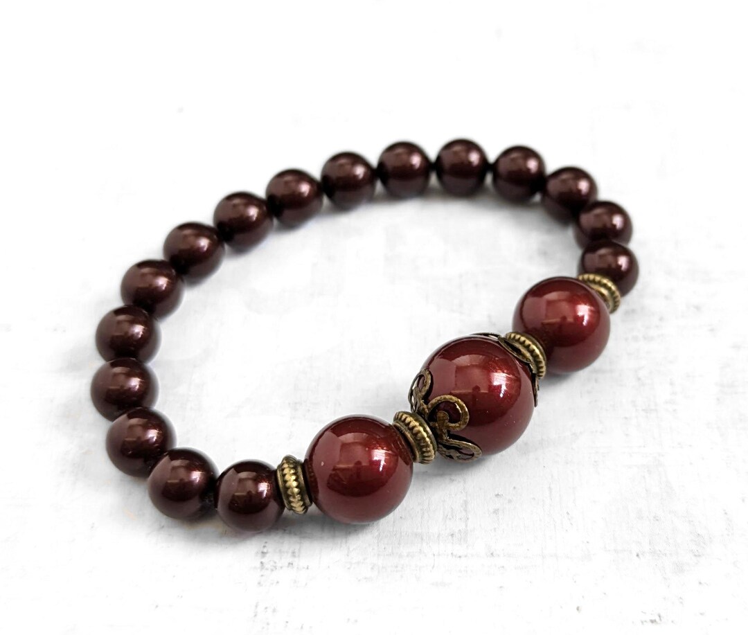 Pearl Maroon, Burgundy, Deep Red Stretch Bracelet, Genuine Swarovski ...