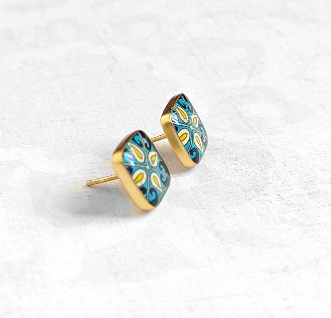 Catalina Pottery Tile Stud Earrings, Gold Plated Sterling Silver - Etsy