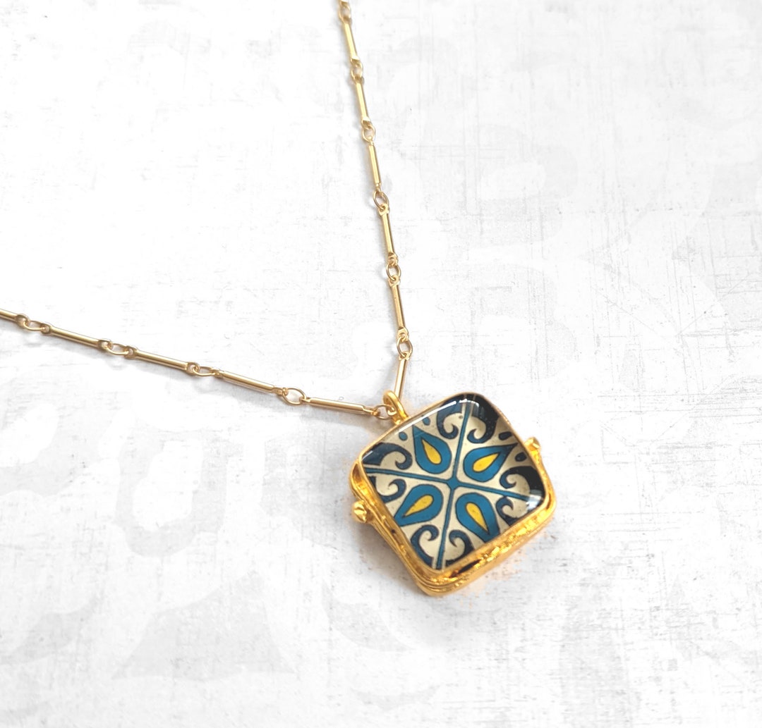 Catalina Tile Pendant Necklace, Teal & Blue Pottery Design, Gold Plated ...