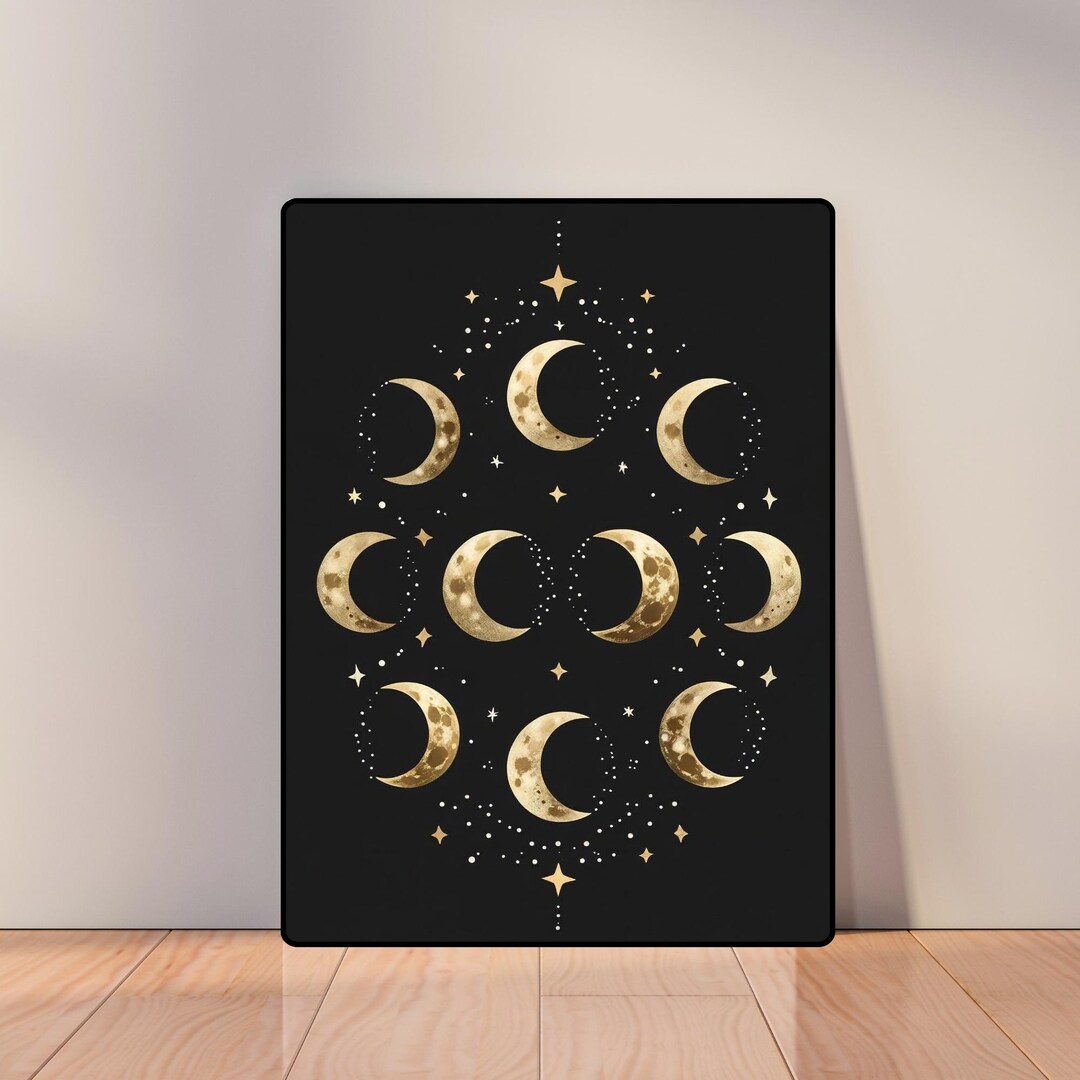 Celestial Moon Phases Line Art Print: Black and Gold Boho Decor ...