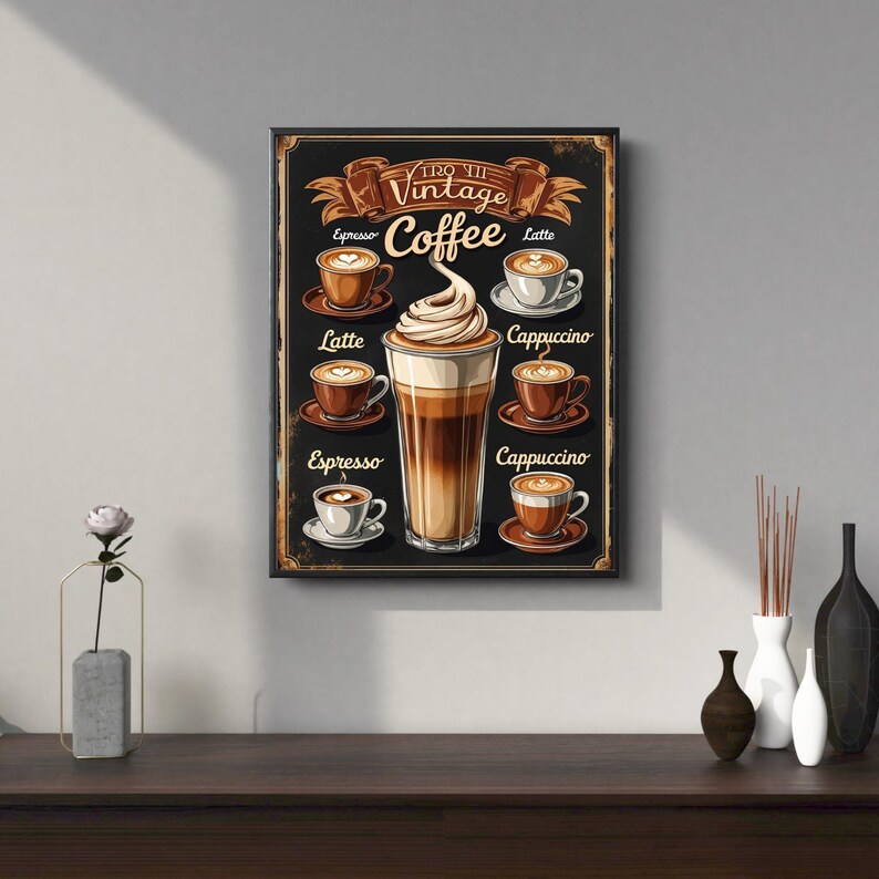 Vintage Coffee Menu Wall Art – Retro Cafe Style Coffee Drink Chart ...