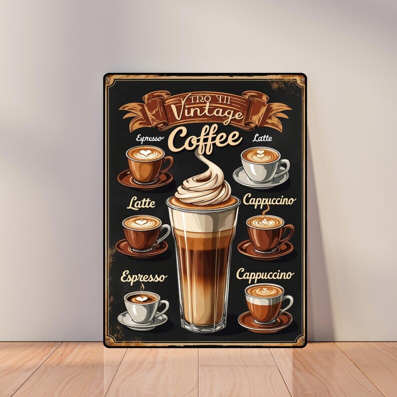 Vintage Coffee Menu Wall Art – Retro Cafe Style Coffee Drink Chart ...