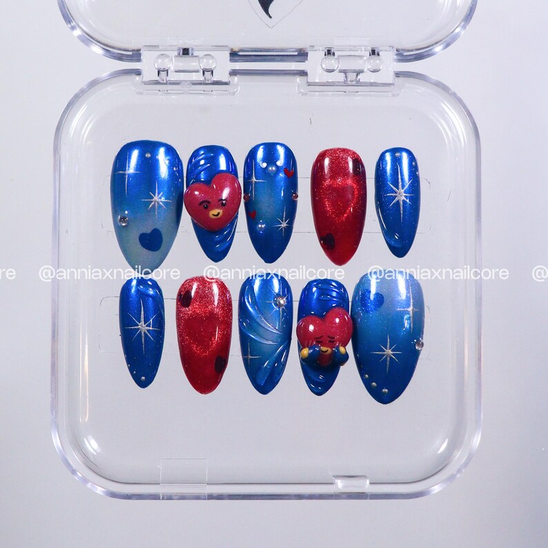 Tata Press-on Nails | V BTS Inspired Nail Art | Red & Blue Kpop Nails ...