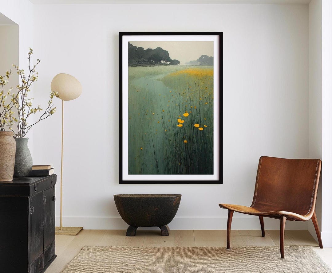 Botanical Impressionist Landscape Art Print: Yellow Wildflowers Meadow ...