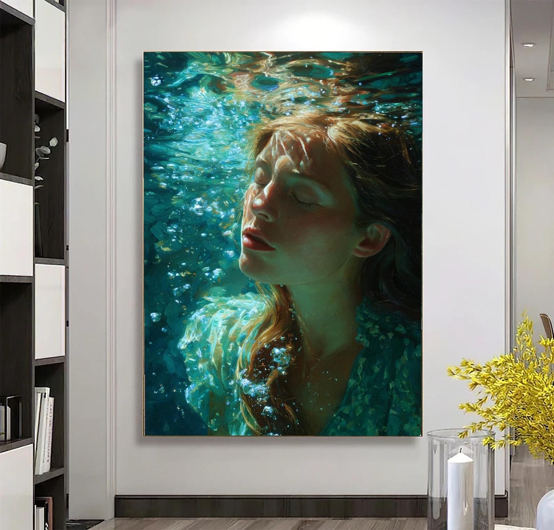 Diving Girl Underwater Oil Painting Wall Art Painting Blue Diving ...
