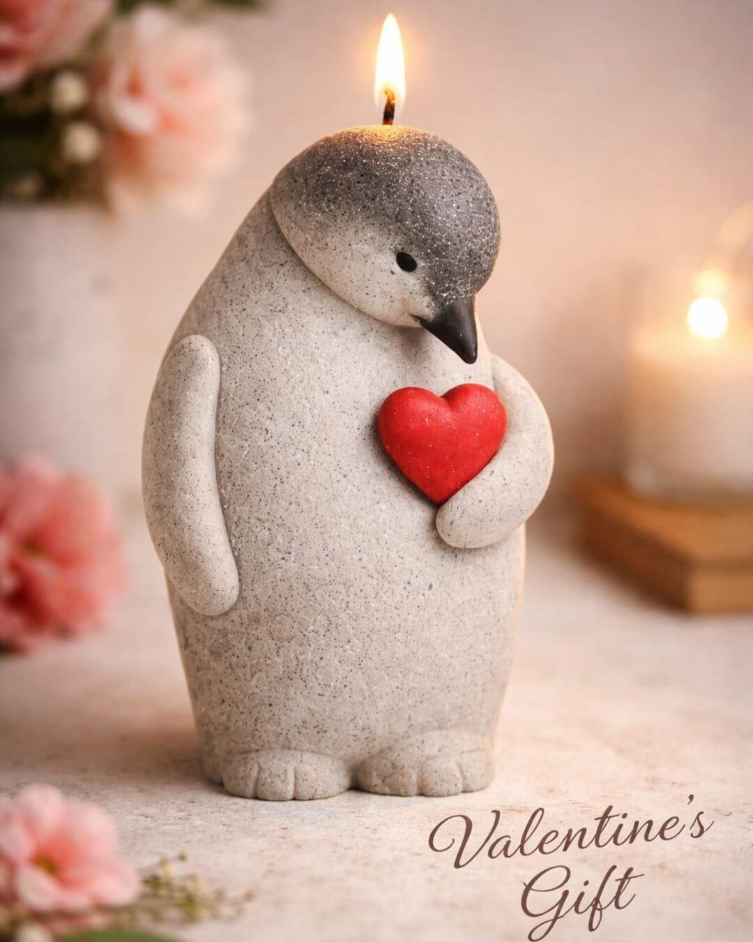 Concrete Penguin Candle With Red Heart – Minimal Valentine’s Day Gift ...