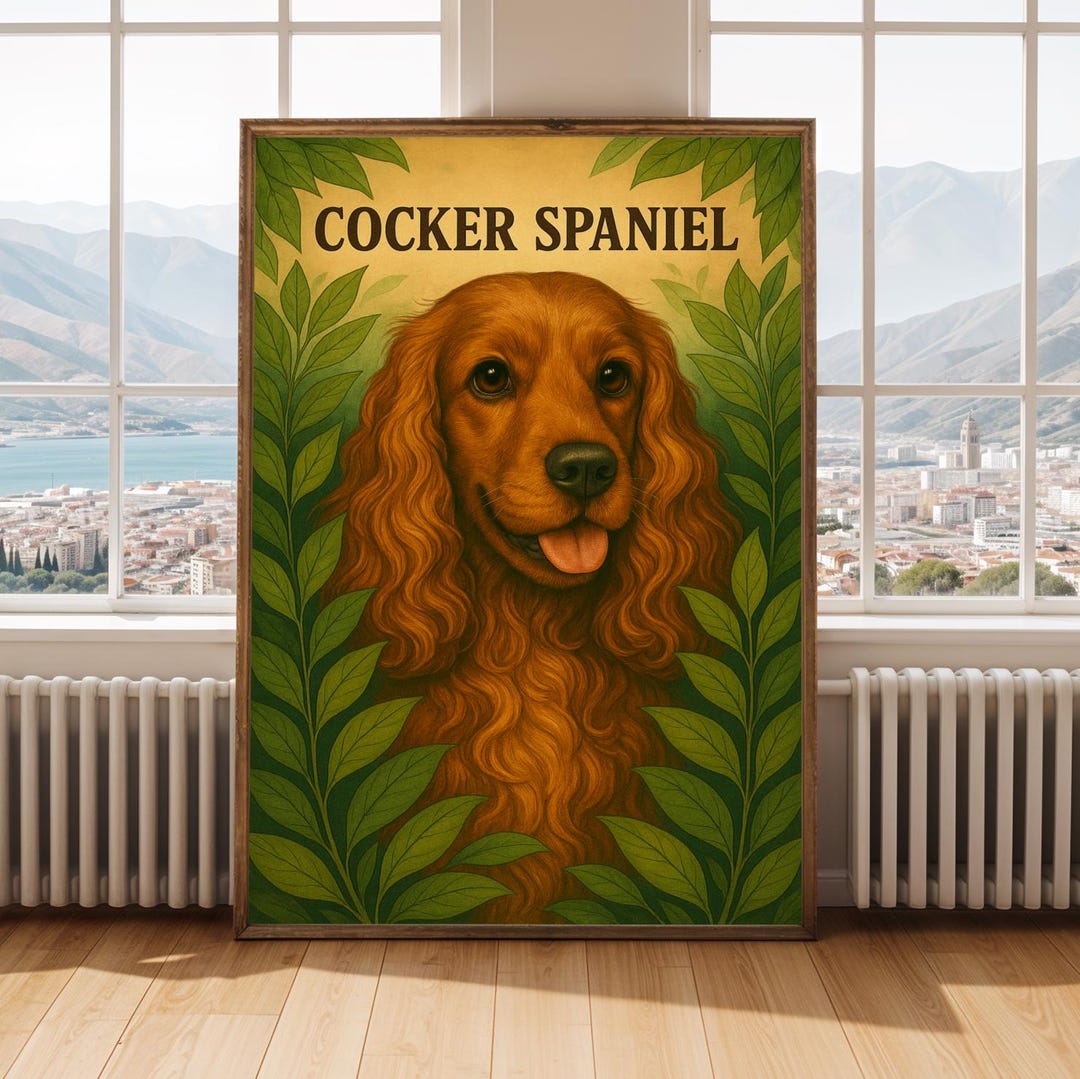 Cocker Spaniel Vintage Poster – Brown and Green Illustration | Dog ...