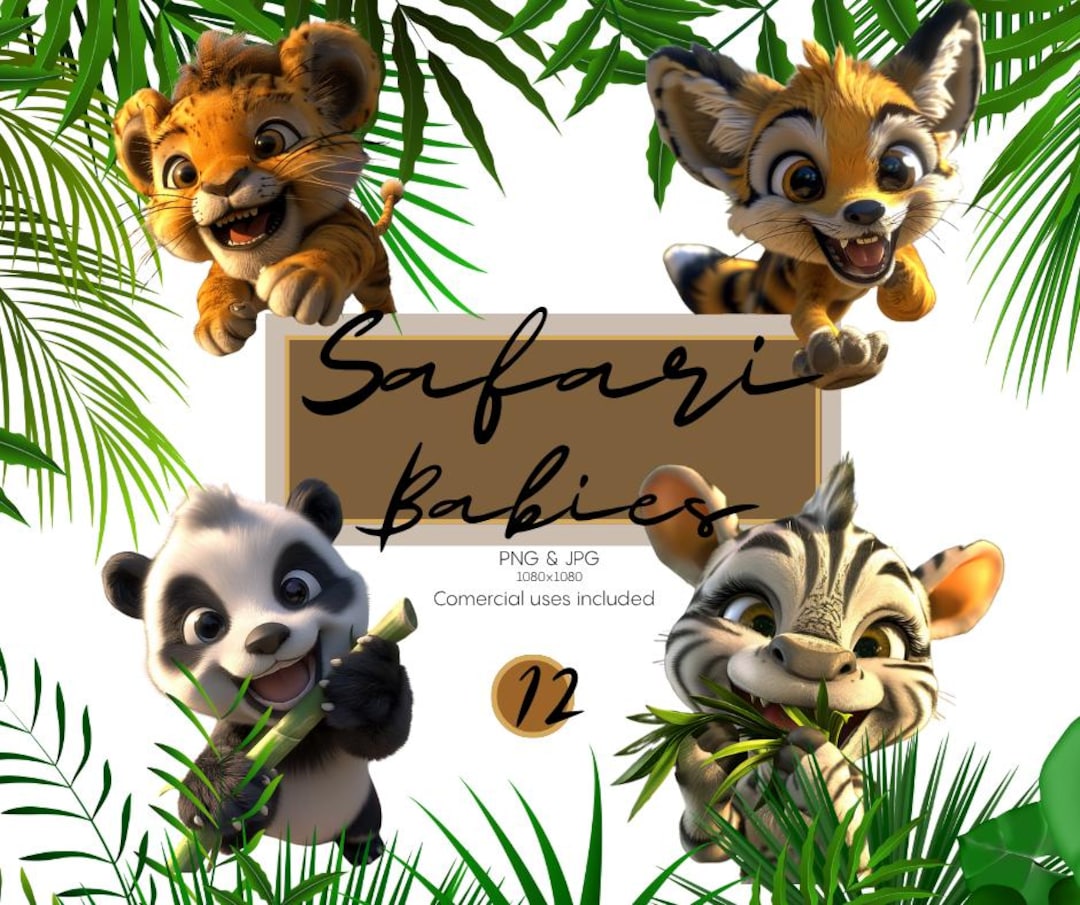 Safari Babies Clipart Bundle – 12 PNG & JPG | Cute Animal Illustrations ...