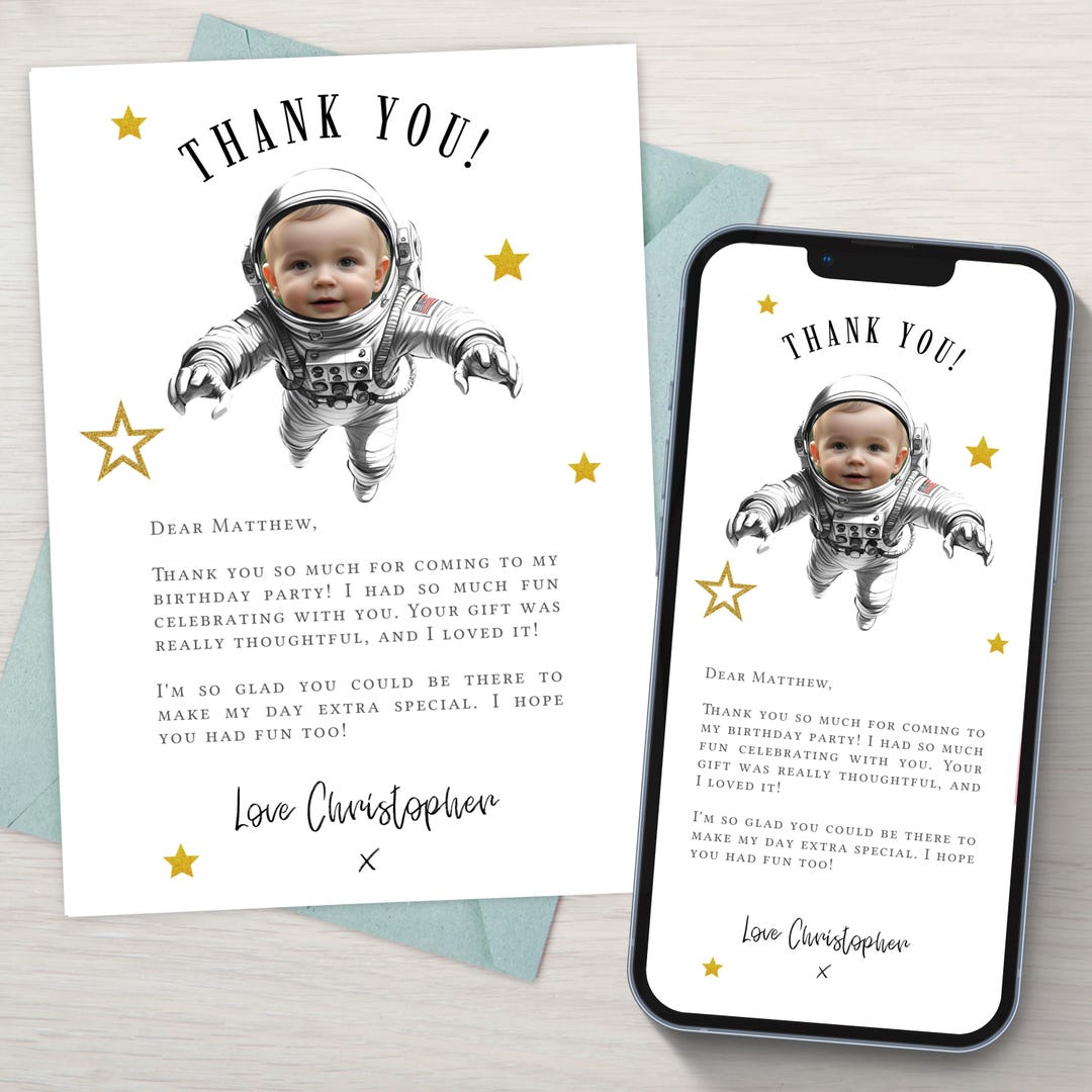 Editable Astronaut Thank You Note: Outer Space Photo, Gold Stars ...