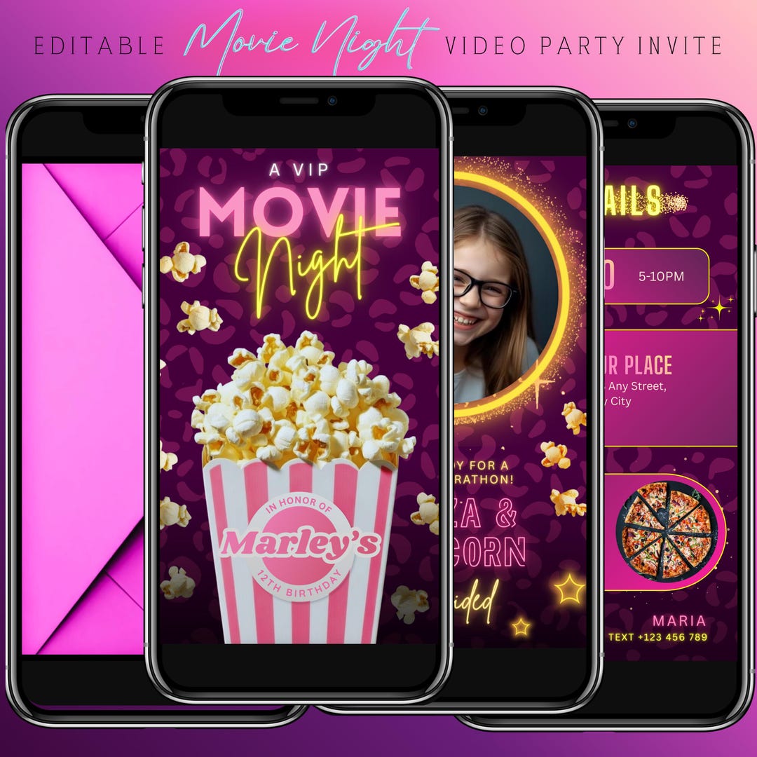 Pink Movie Night Birthday Video Invitation | Editable Canva Template - Etsy