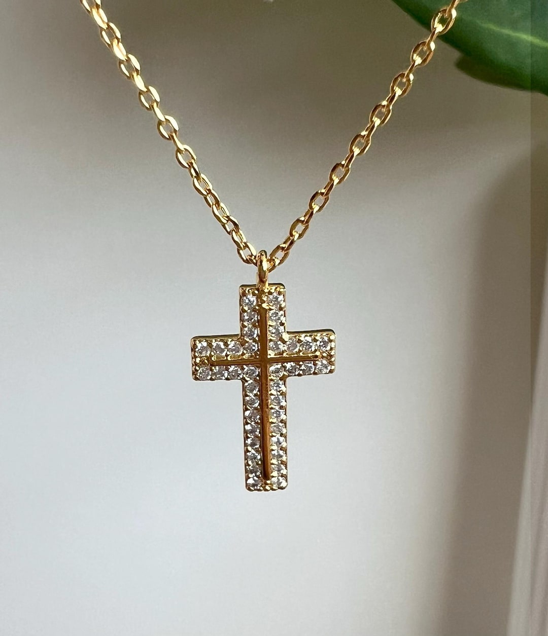 18k Gold Dipped Pave Rhinestone Cross Pendant Necklace, Jewelry, Dainty ...