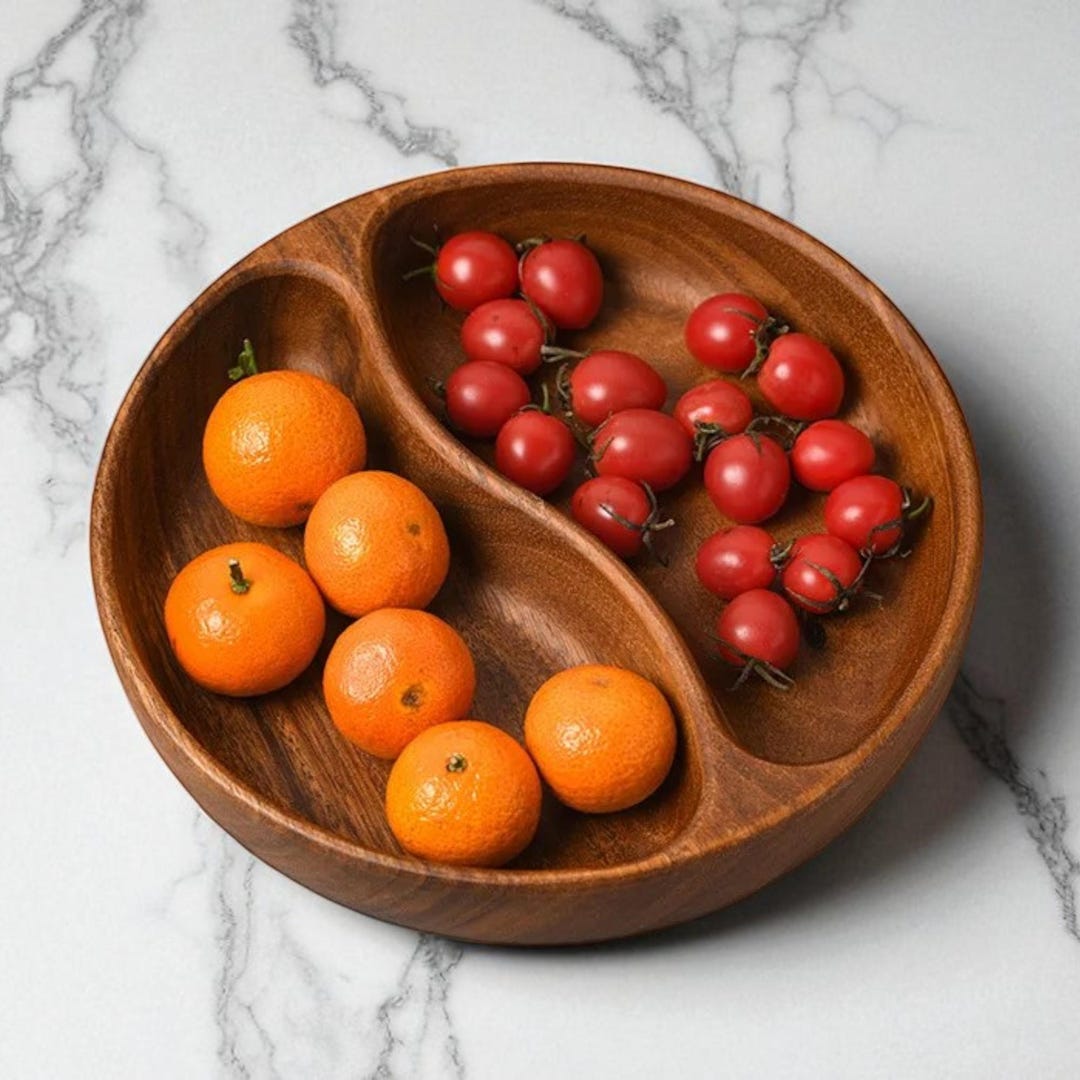 2-section Divided Serving Tray, Round Acacia Wood Snack Tray – Platter ...