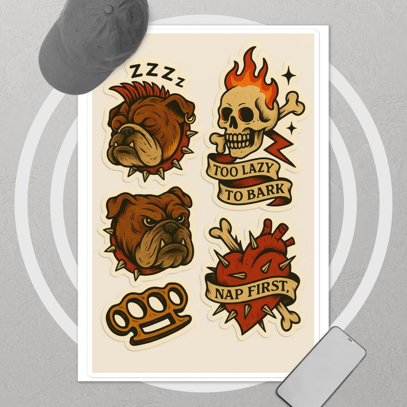 Growl & Snore Sticker Pack – Punk Bulldog Tattoo Stickers – Lazy Dog ...