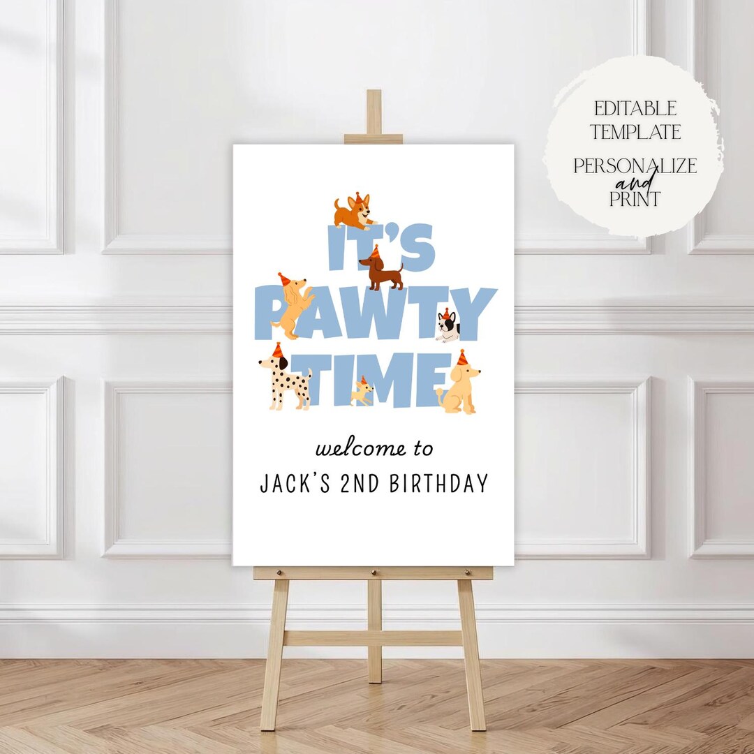 It's Pawty Time Welcome Sign | Blue Let's Pawty Ready Two Pawty Puppy ...