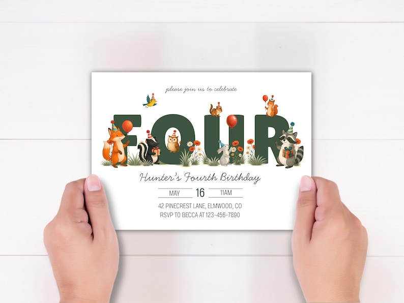 Four Birthday Invitation | Nature Wild Woodland Forest Party Animals ...