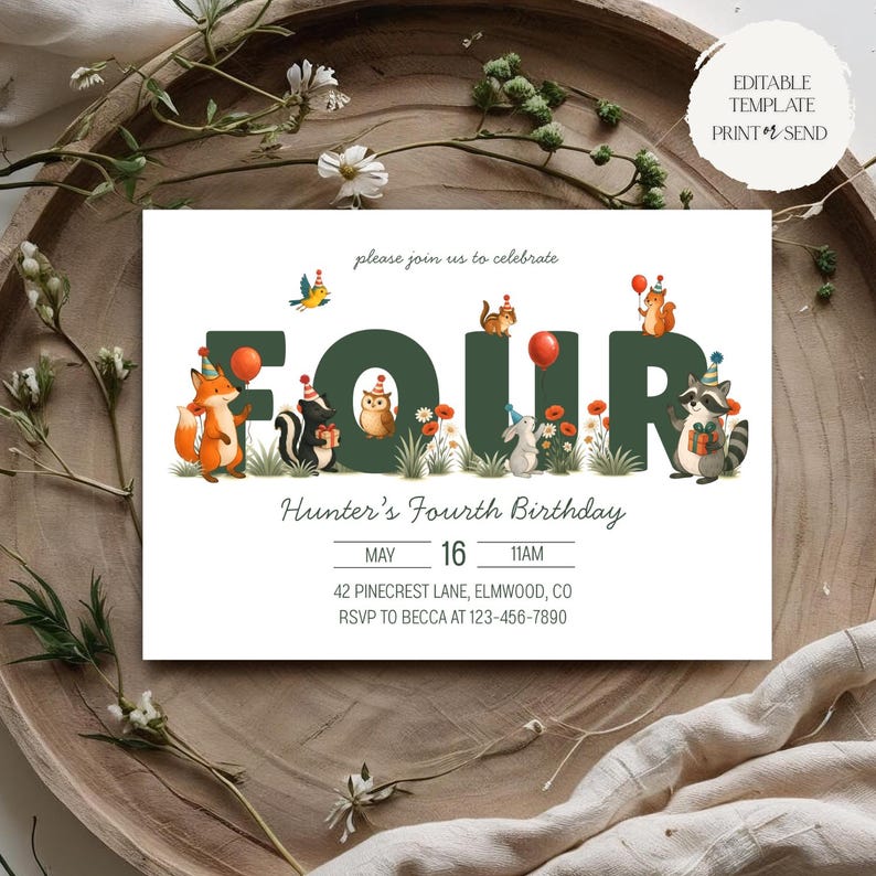 Four Birthday Invitation | Nature Wild Woodland Forest Party Animals ...
