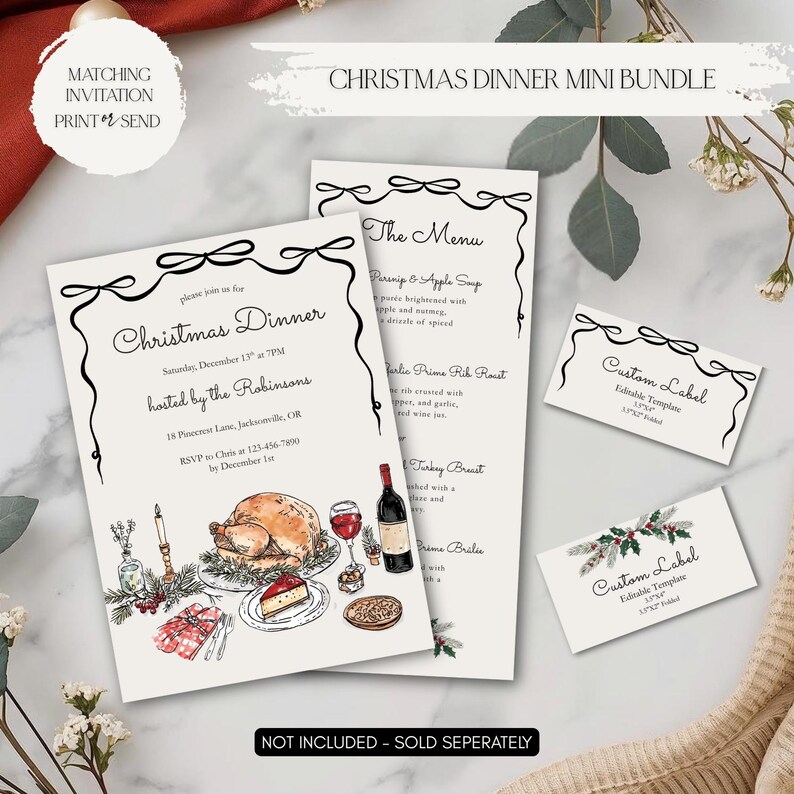 Christmas Dinner Menu | Line Art Holiday Dinner Party Menu Card ...
