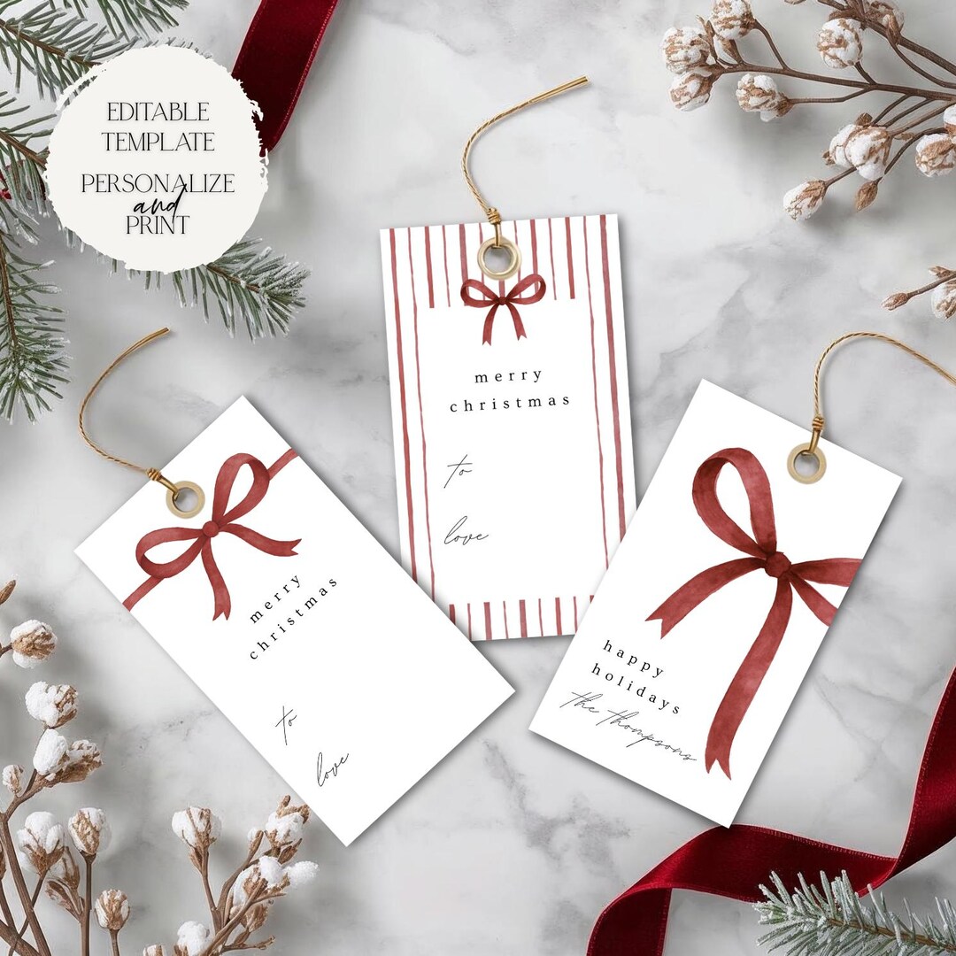Bow Christmas Gift Tag Bundle | Watercolor Happy Holiday Present Tag ...