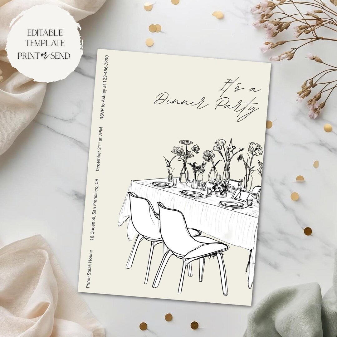 It's a Dinner Party Invitation | Line Art Modern Invite Editable ...