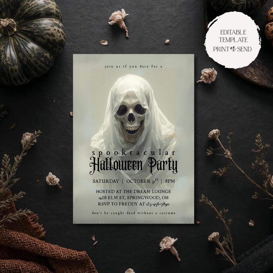 Spooktacular Halloween Invitation | Fright Night Skeleton Ghost Spiders ...